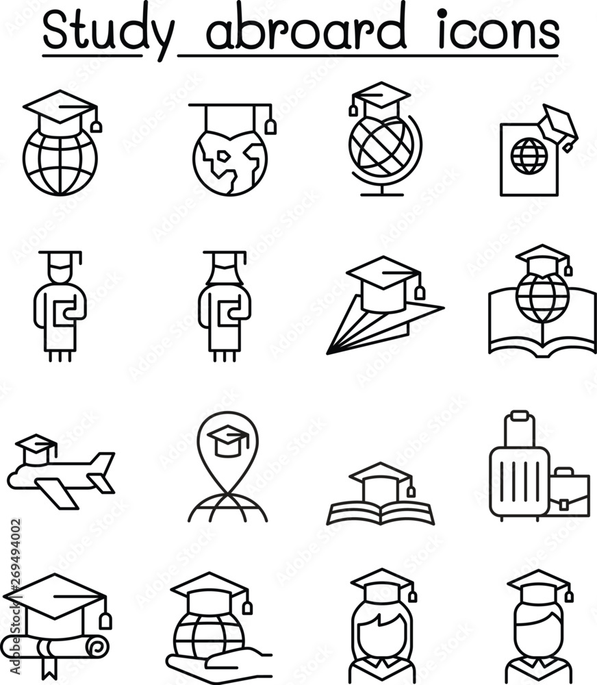 Study abroad & Graduation icon set in thin line style Stock Vector ...