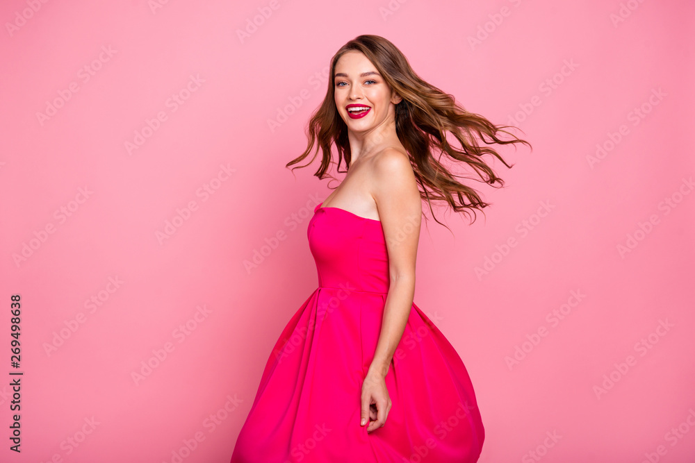 Close up side profile photo beautiful she her dancing prom queen lady ...