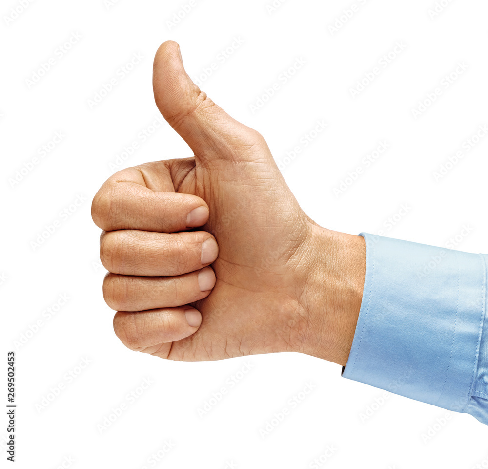 Man's hand in shirt showing thumb up - like sign, isolated on white ...