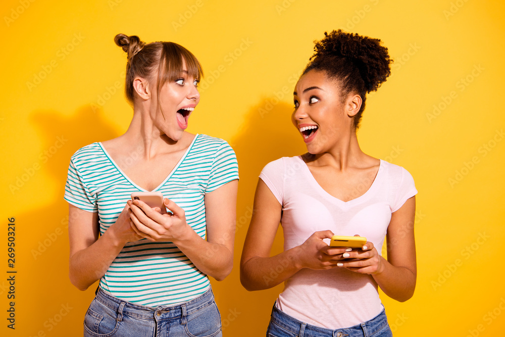 Portrait positive cheerful funky smm student use notification beautiful ...