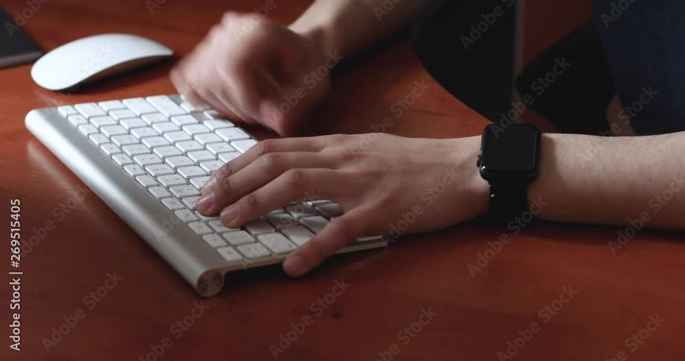 Close up man hands typing on keybord in office online pc communication ...
