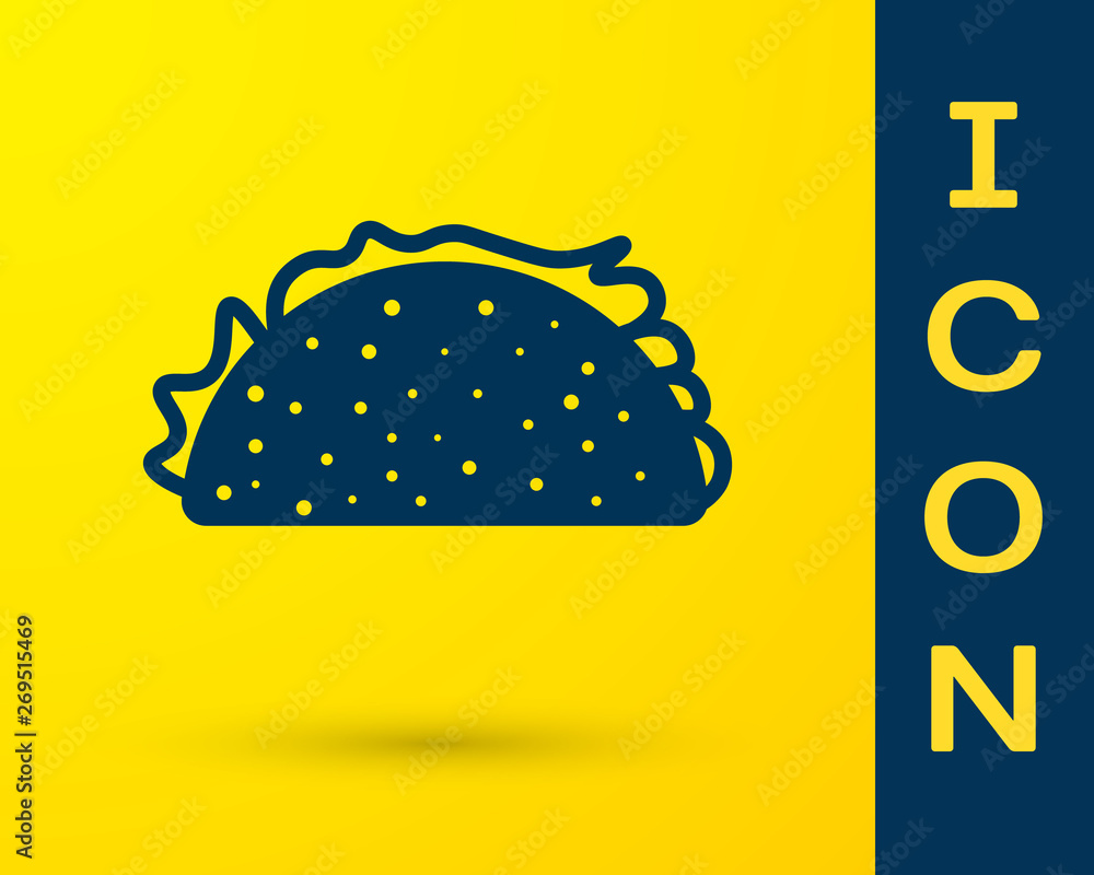 Blue Taco with tortilla icon isolated on yellow background. Traditional ...