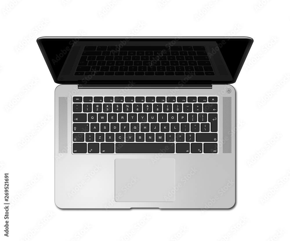 Open laptop top view with black screen, isolated on white. 3D render ...