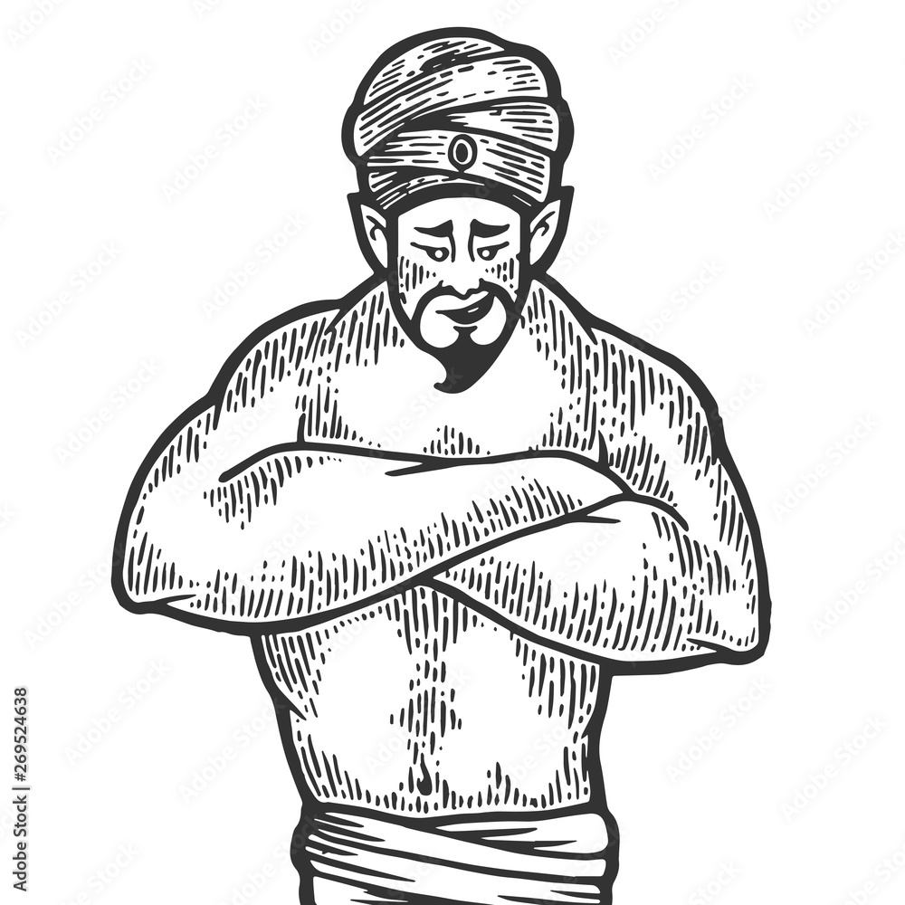 Magical fabulous genie Djinn sketch line art engraving vector ...