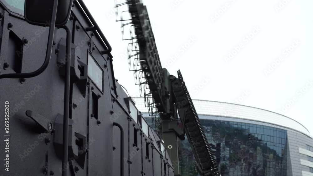 Military technology and scanning system, view of a military truck near ...