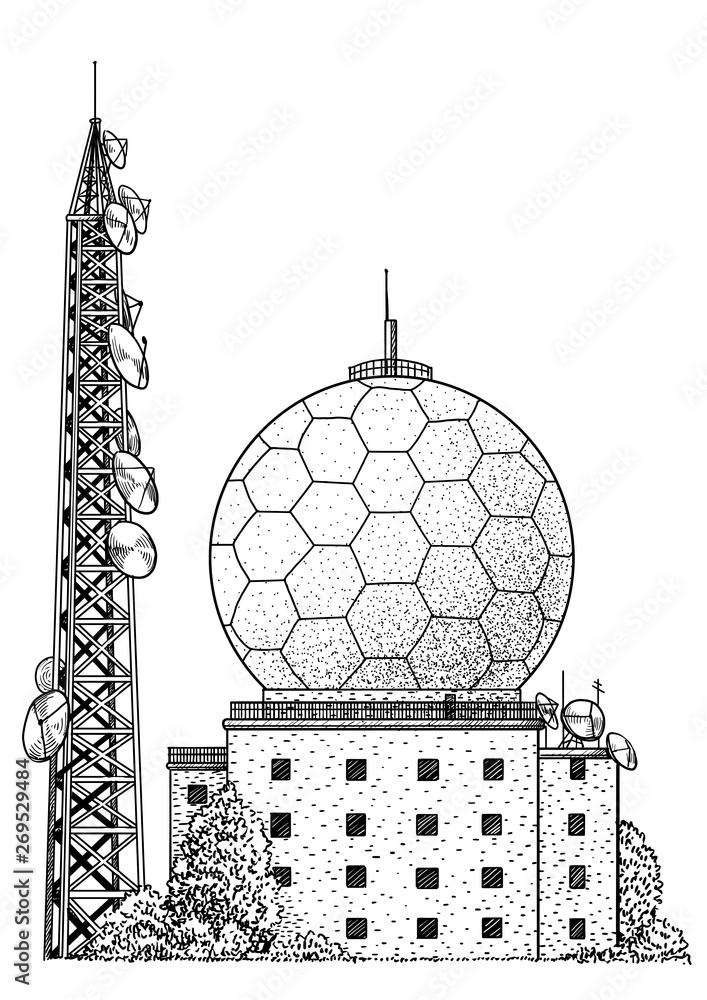 Weather station building, illustration, drawing, engraving, ink, line ...