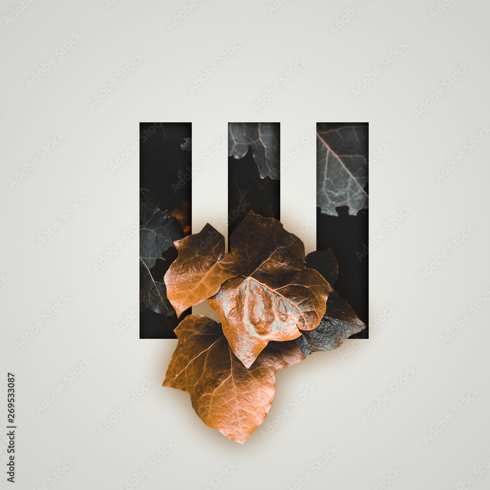 Nature concept. Creative number with colorful leaves on a gray ...