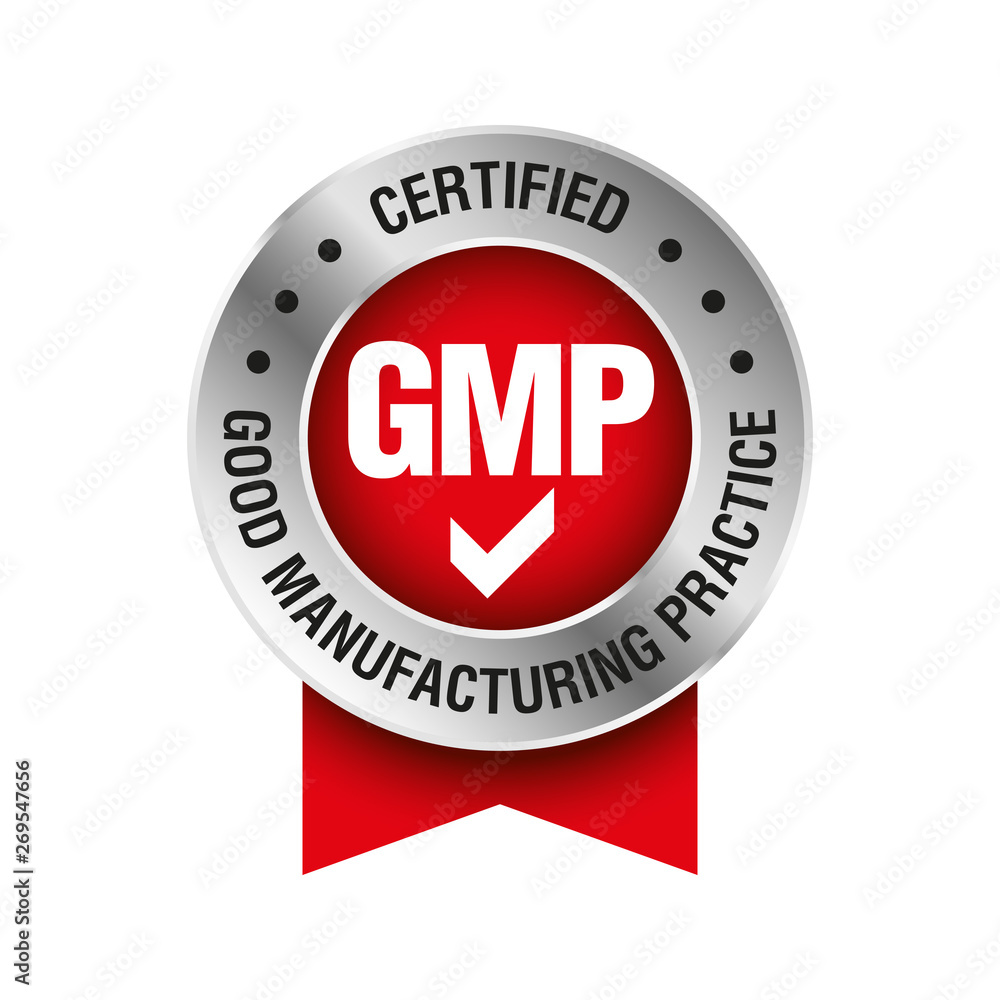 GMP (Good Manufacturing Practice) certified round stamp on white ...