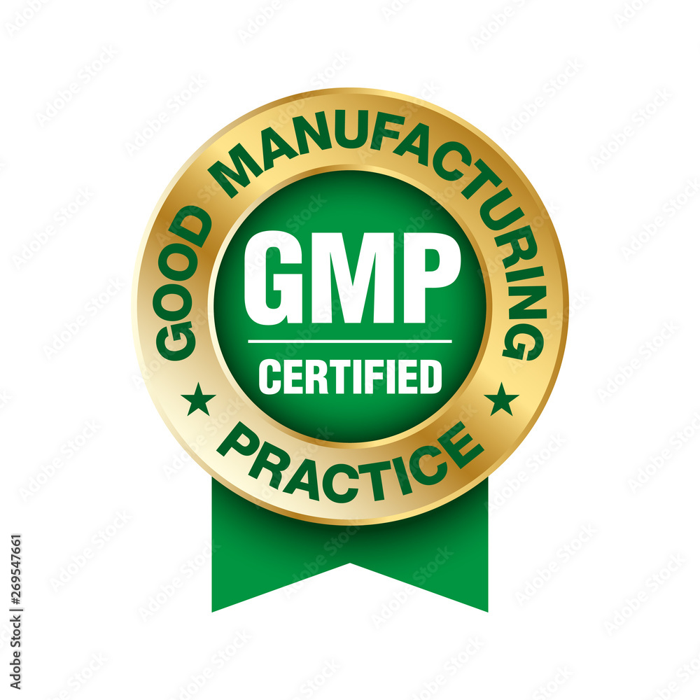 GMP (Good Manufacturing Practice) certified round stamp on white ...