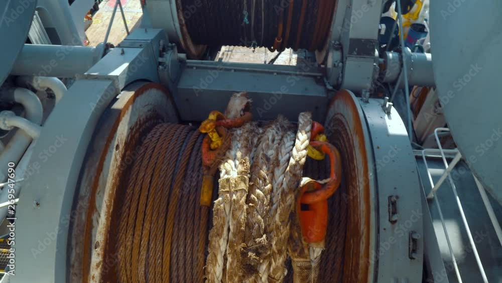 Anchor-handling Tug Supply vessel. View of AHT winch for static tow ...