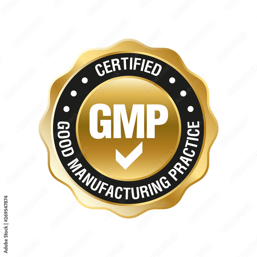 GMP (Good Manufacturing Practice) certified round stamp on white ...