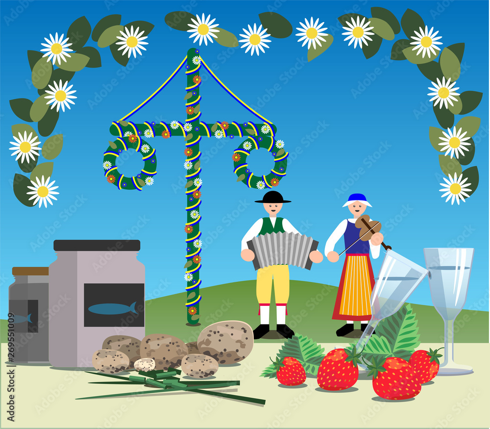 Swedish midsummer celebration with maypole, traditional musicians ...