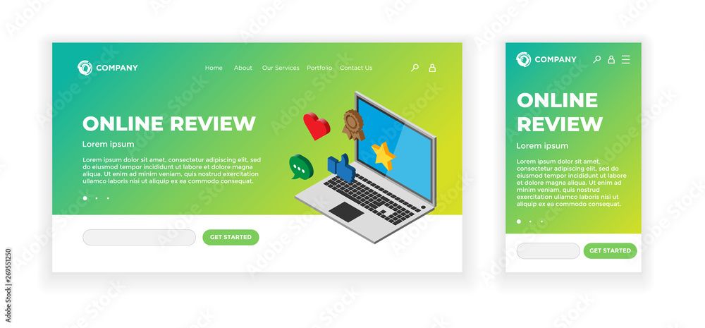 Landing web page concept design template. Online review theme. 3d ...