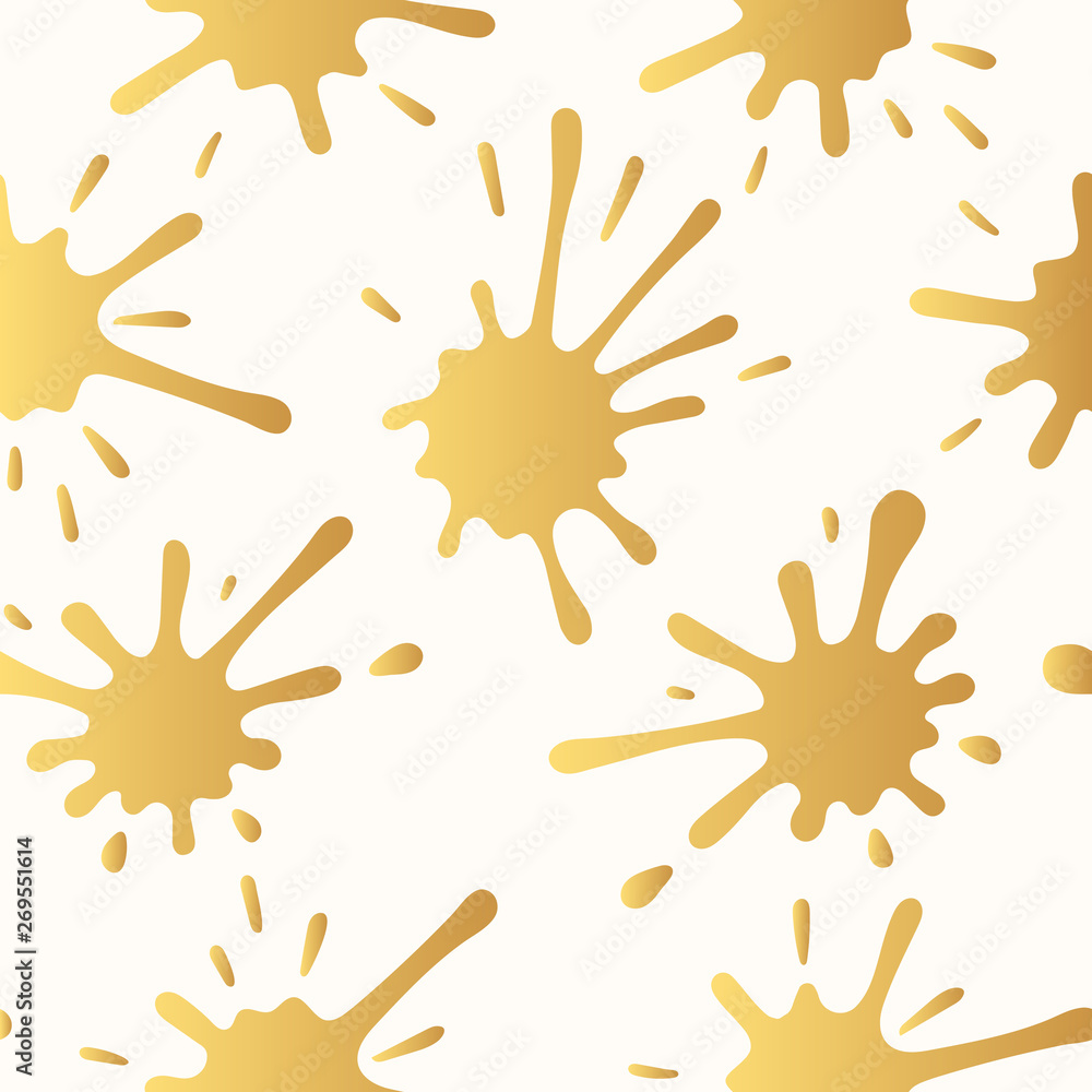 Hand drawn golden paint splatter seamless pattern. Gold ink drips ...