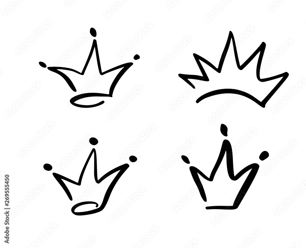 Set of hand drawn symbol of a stylized crown. Drawn with a black ink ...