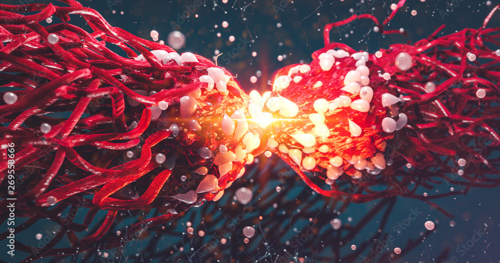 Dividing Cancer Cell Oncology Research Concept 3d illustration proteins ...