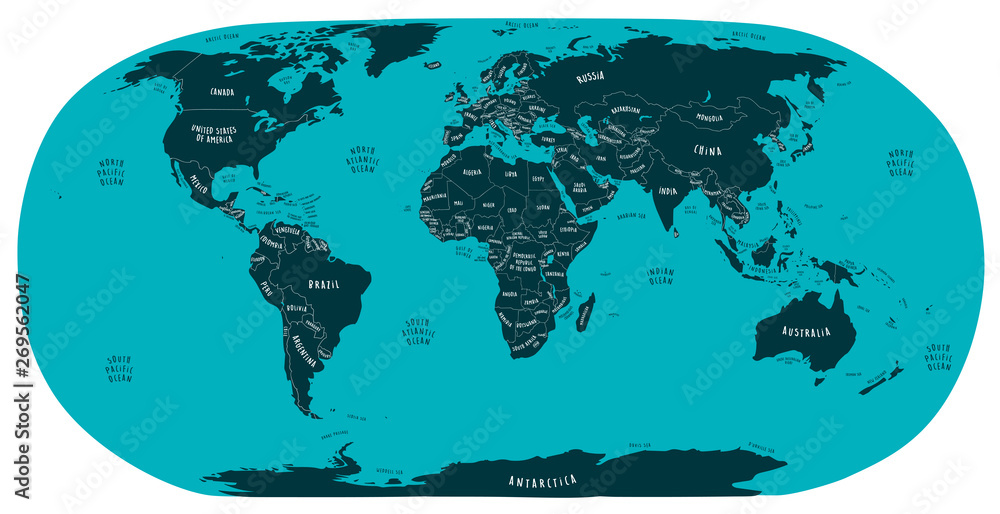 World map hand drawn illustration with English labels. Cartoon style ...