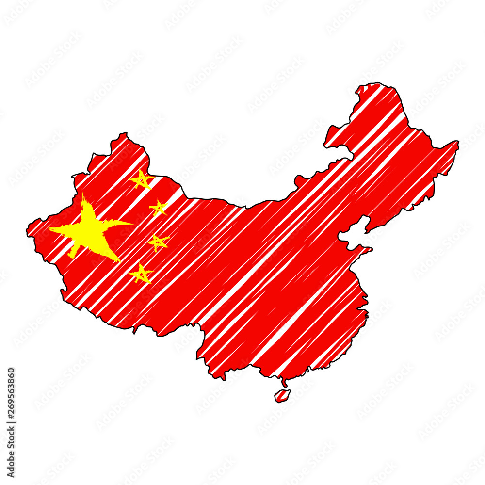 China map hand drawn sketch. Vector concept illustration flag ...