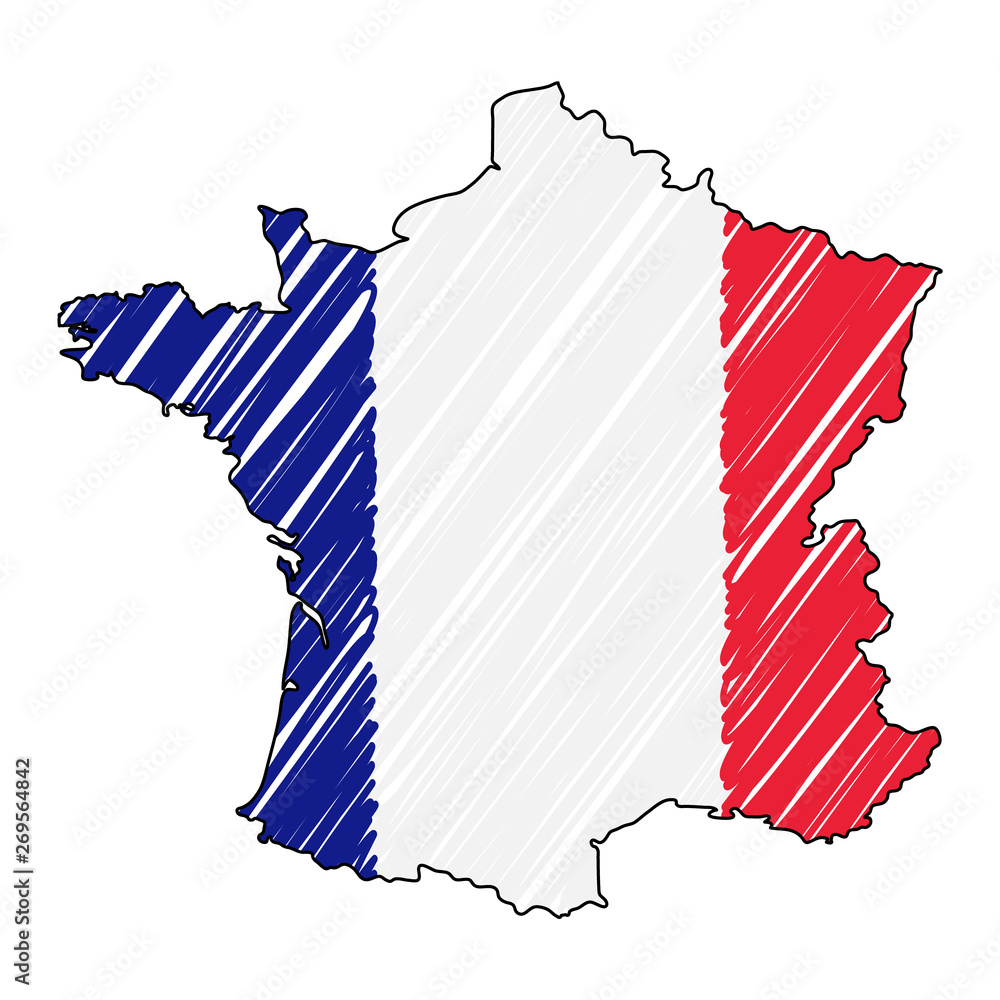 France map hand drawn sketch. Vector concept illustration flag ...