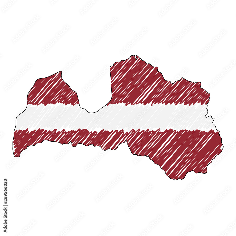 Latvia map hand drawn sketch. Vector concept illustration flag, childrens drawing, scribble map ...