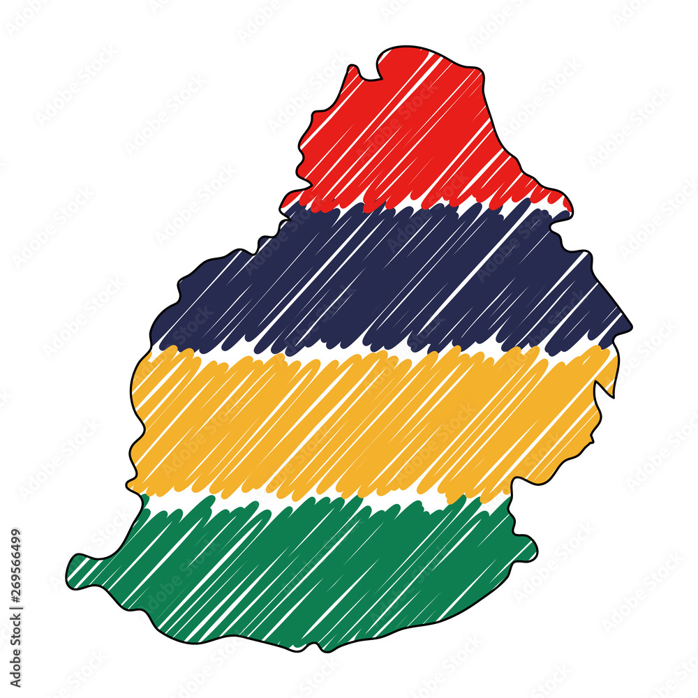 Mauritius map hand drawn sketch. Vector concept illustration flag ...
