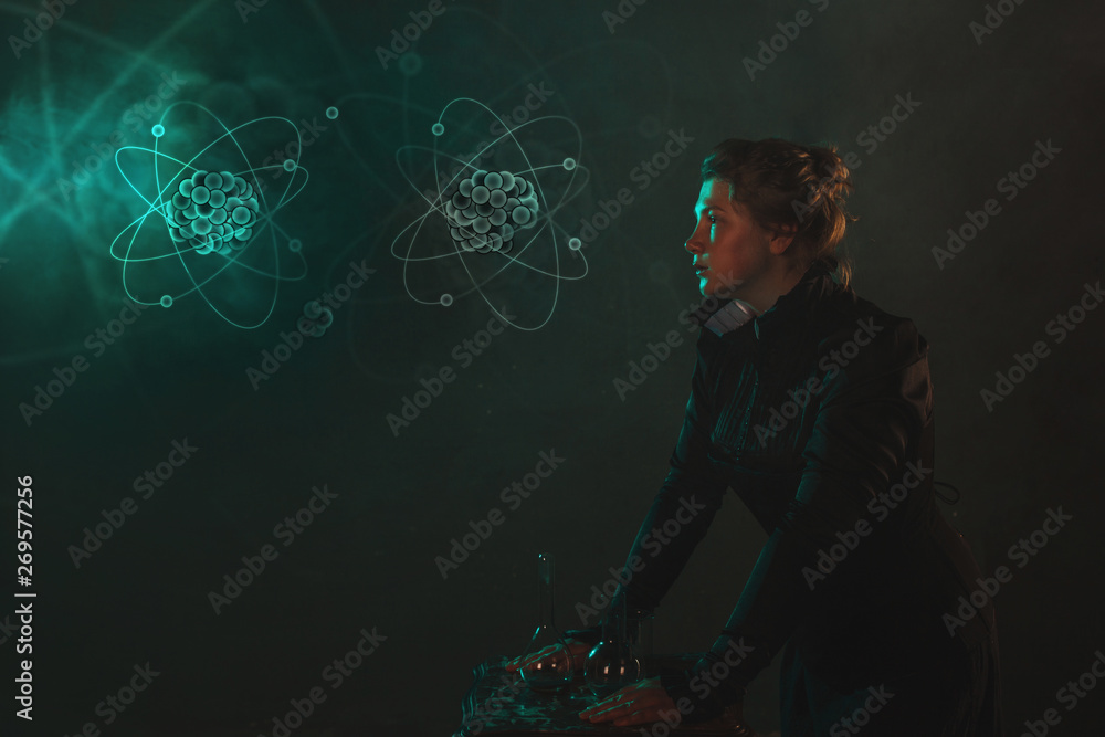 Scientist researcher on abstract background of schemes and formulas ...