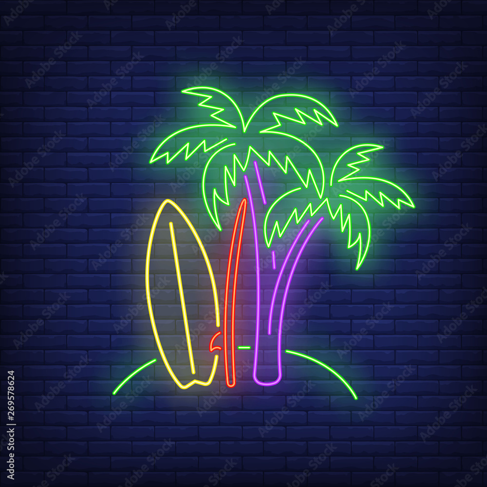 Palm trees and surfboards on beach neon sign. Surfing, extreme sport ...