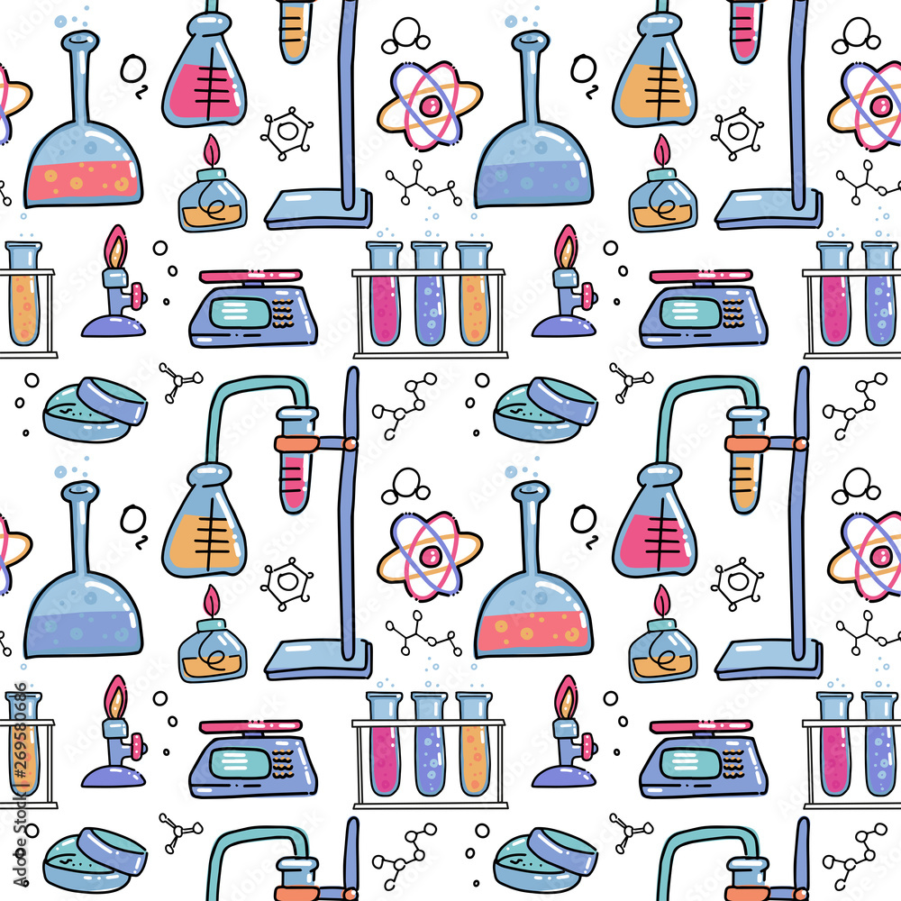 Seamless pattern of decorative color hand drawn chemical lab scientific ...