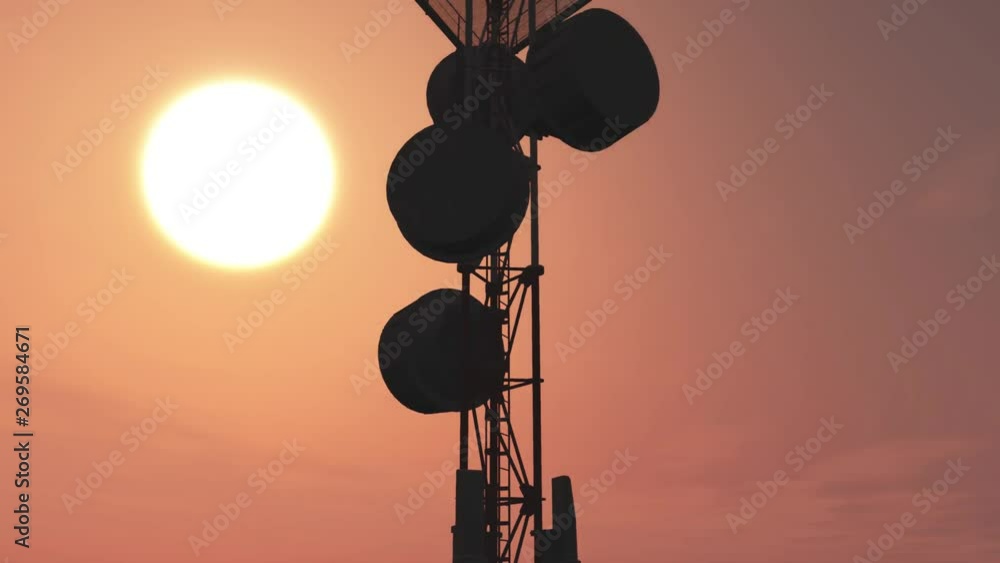 5G High Tech Telecommunication Antenna Tower in the Sunset Sunrise 3D ...