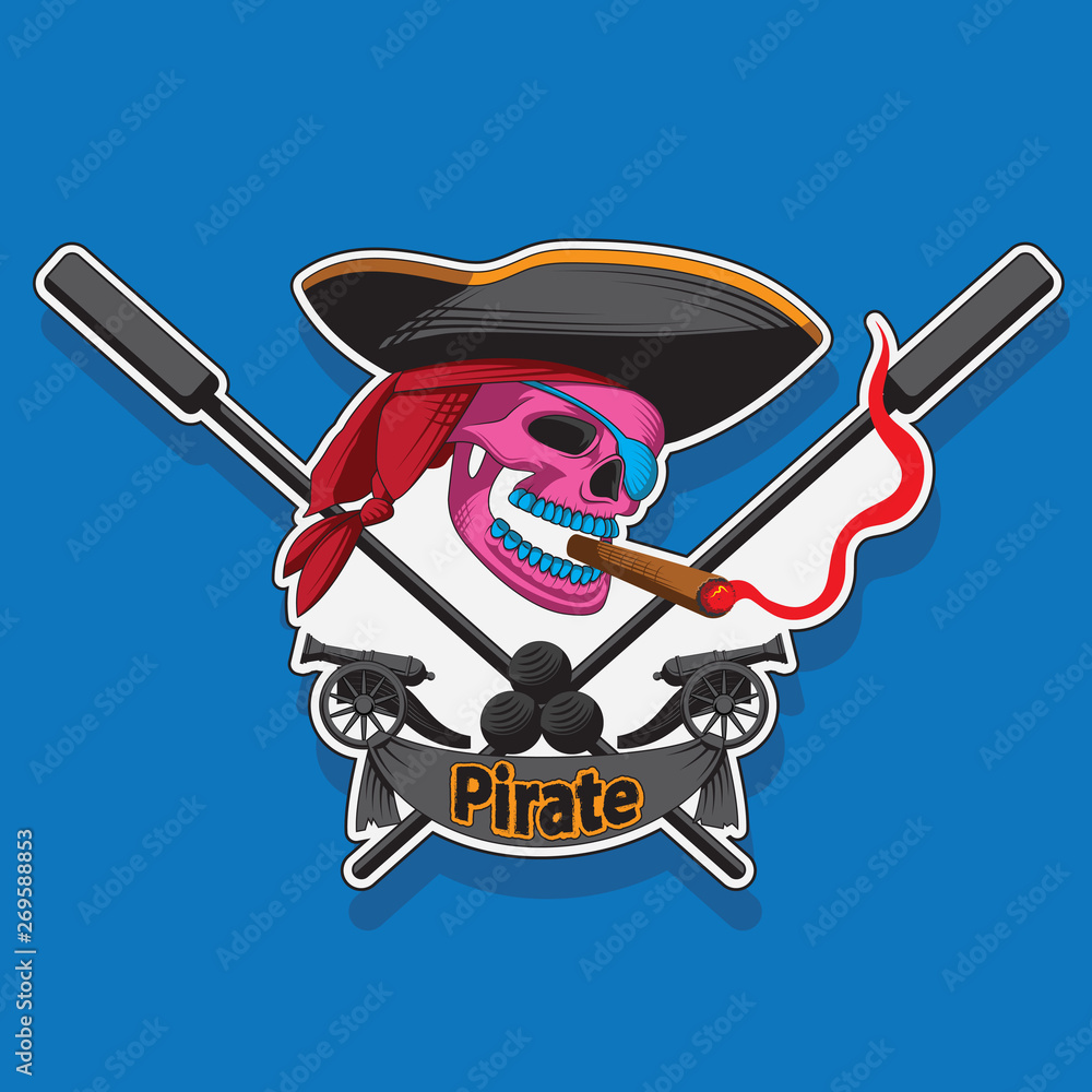 Pirates. Emblem template with cannons and pirate skull. Design element ...