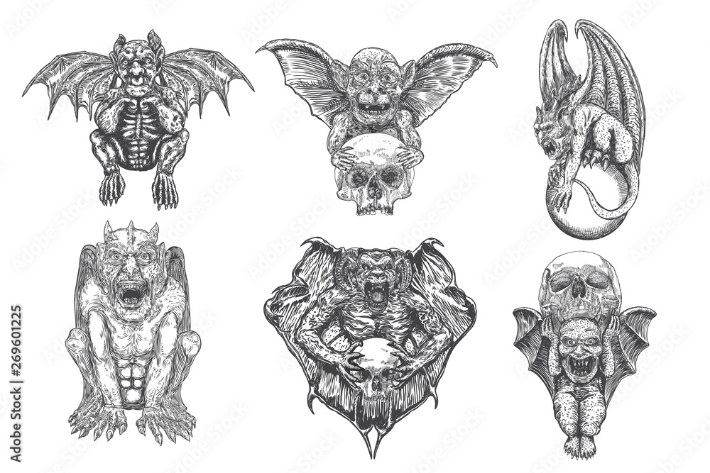 Set of gargoyle in sitting aggressive position to attack. Human and ...