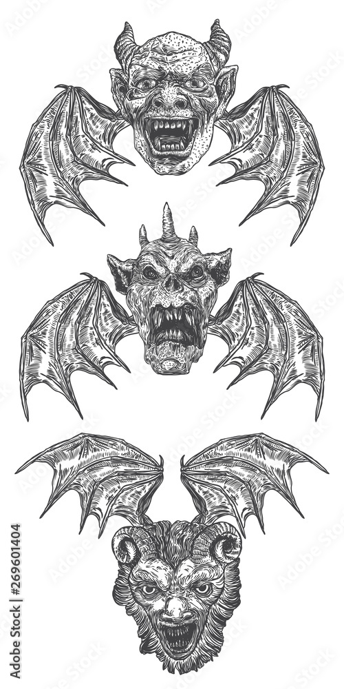 Set of devil heads with big demon horns or antlers and sharp fangs ...
