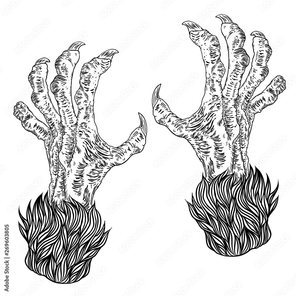 Halloween engraving drawings set of monsters hands, werewolf, witch ...