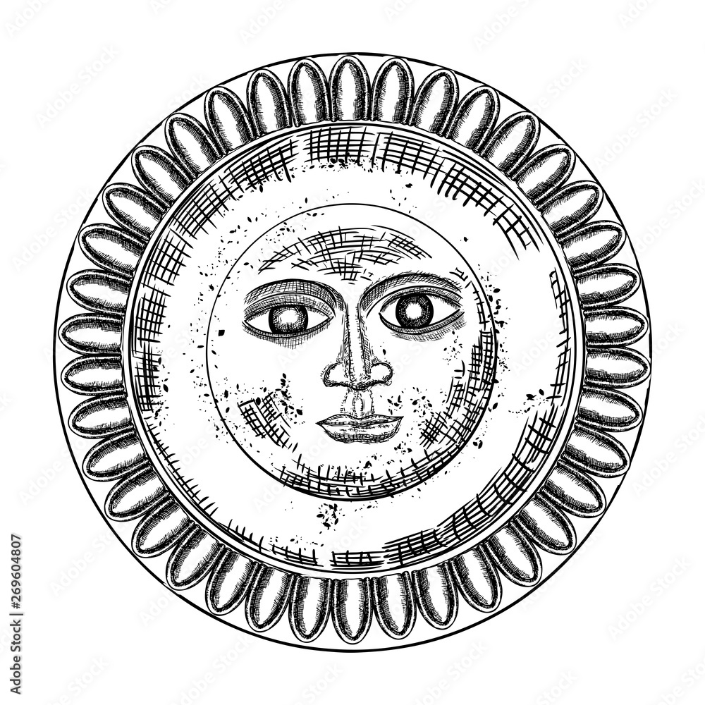 Hand drawn antique style sun with face of the human like ...