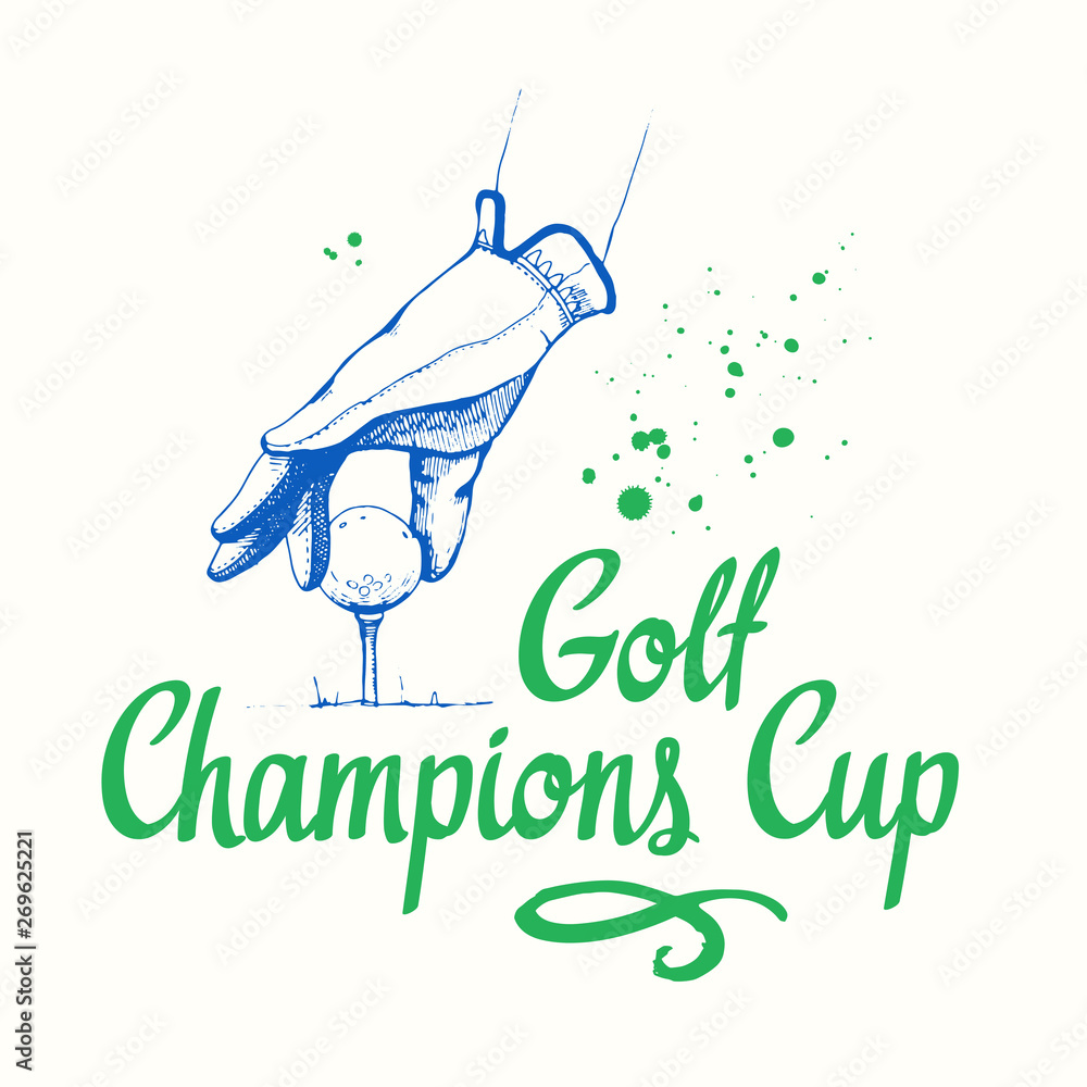 Poster with hand of golfer and golf ball. Vector set of hand-drawn ...