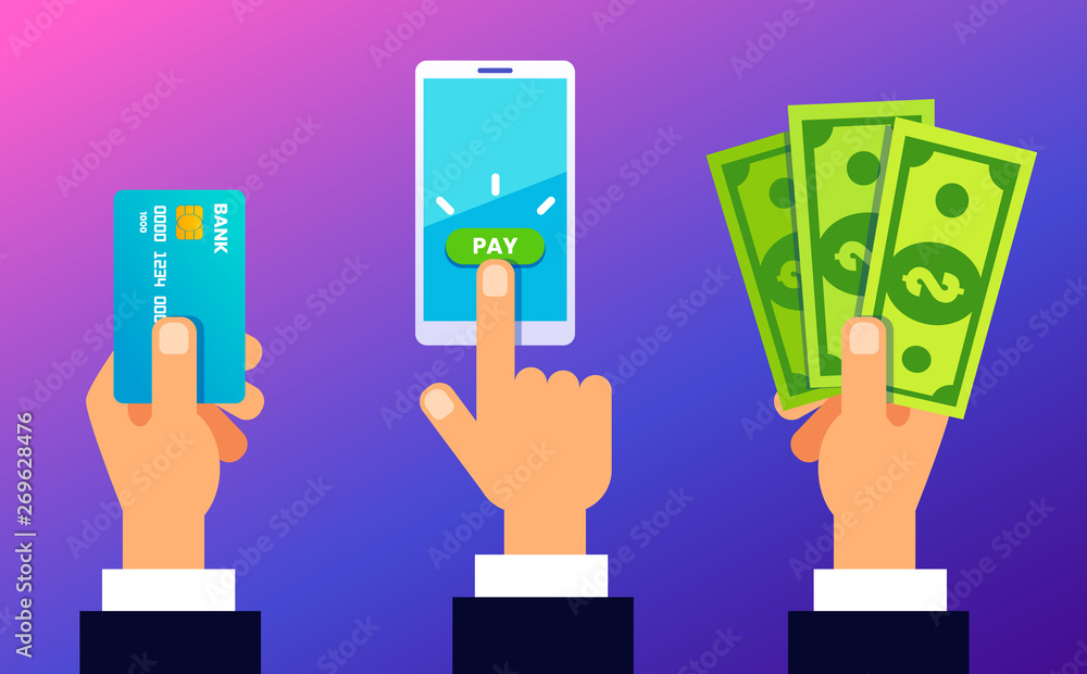 Payment methods. Hand holding credit card, press send button, hand ...