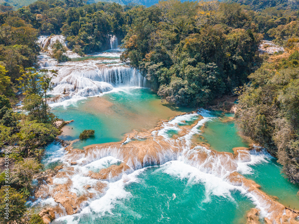 Aerial view of the majestic turquoise waterfalls at Agua Azul in ...