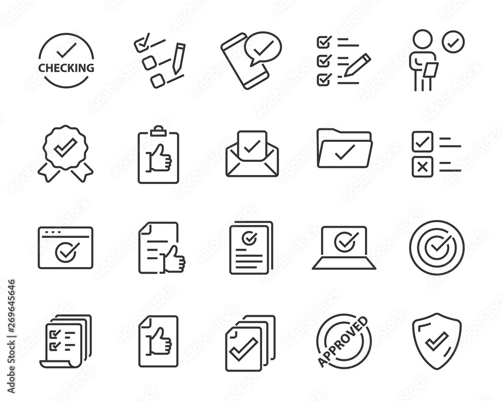 set of approval icons, such as check, list, correct, review, rating ...