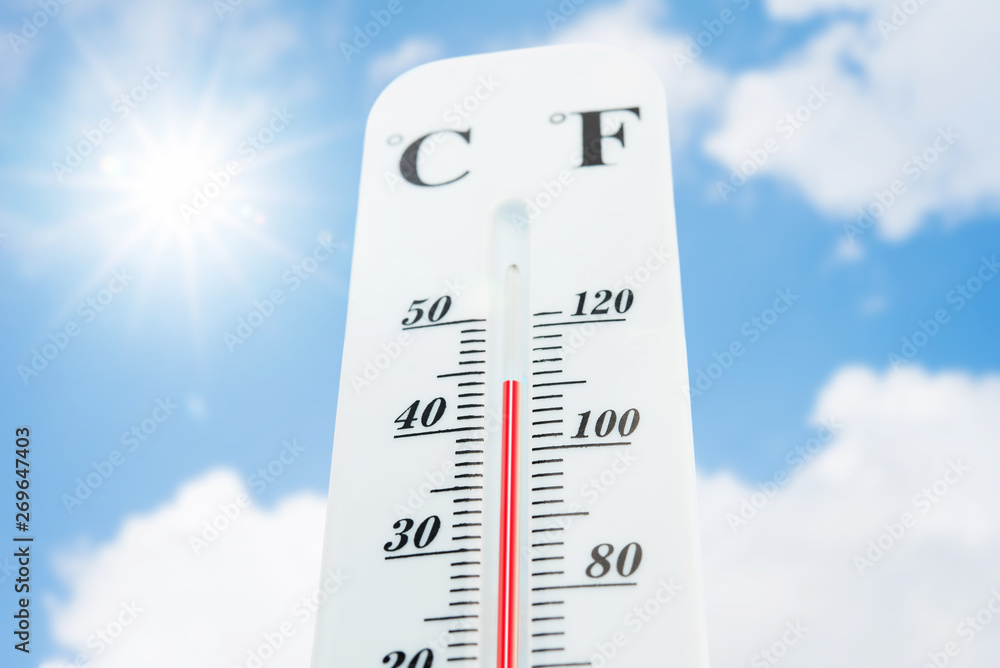 Thermometer high temperature about 44 degree with sun sky background ...