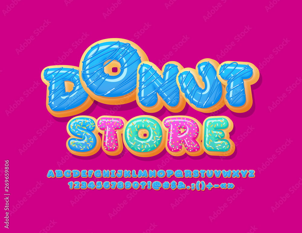 Vector colorful sign Donut Store with tasty Font. Blue sweet Alphabet ...