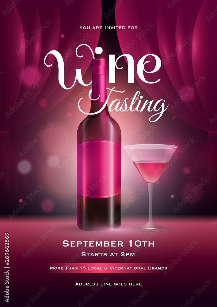 Realistic wine bottle with drink glass on shiny bokeh burgundy ...