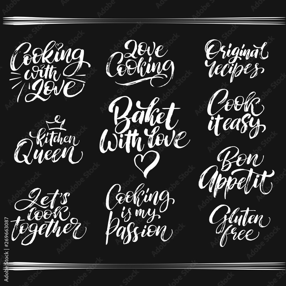 Cooking related quotes collection. Hand drawn kitchen calligraphy ...