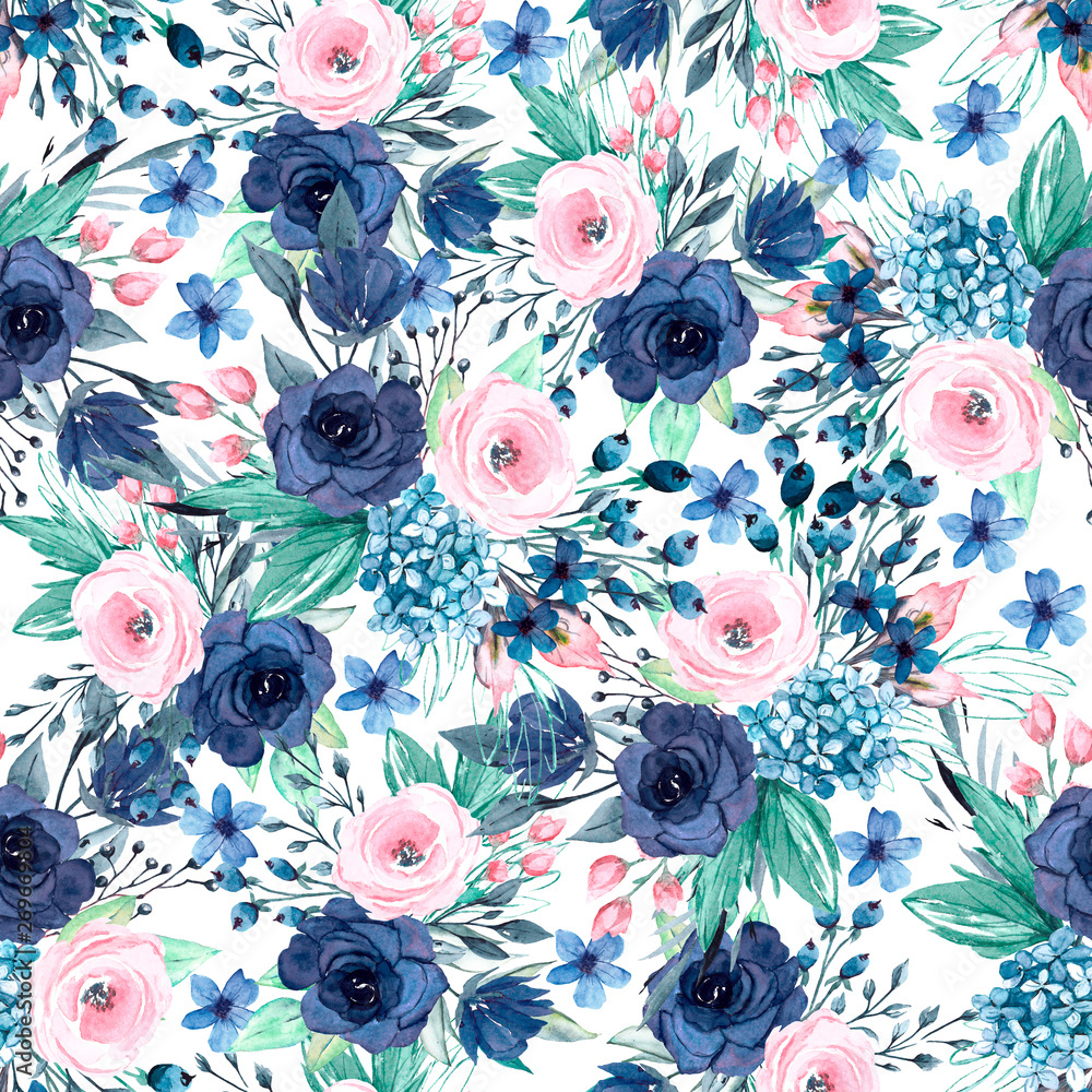 Seamless background, floral pattern with watercolor flowers and leaves ...