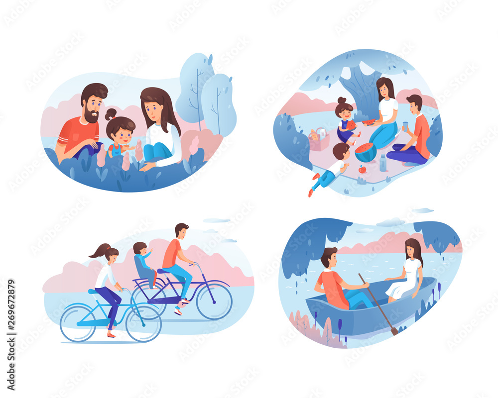 Family activities flat vector illustrations set isolated on white ...
