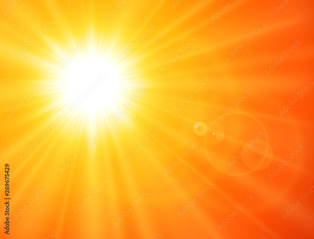 Orange sunny background, sun with lens flare, vector summer design ...