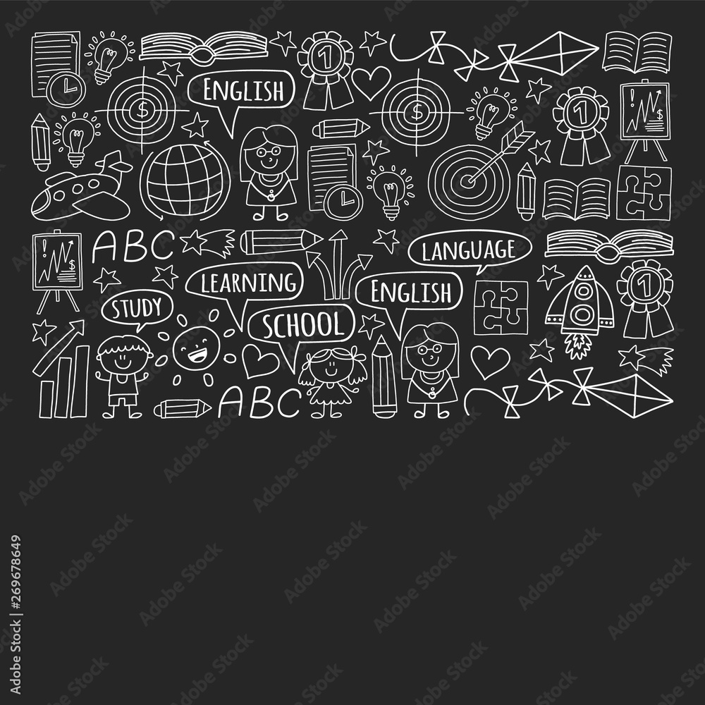 Vector set of learning English language, children's drawing icons in ...
