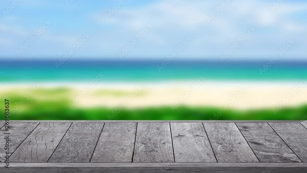 4K UHD 2160P- Wooden Texture Top Table Perspective On Blur Seascape ...