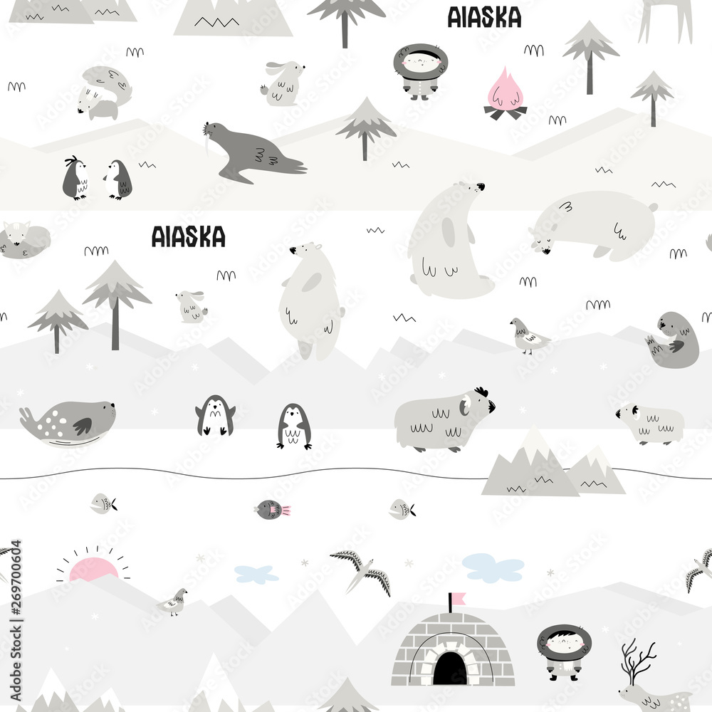 Large vector seamless pattern with Alaska inhabitants. Wild animals and ...