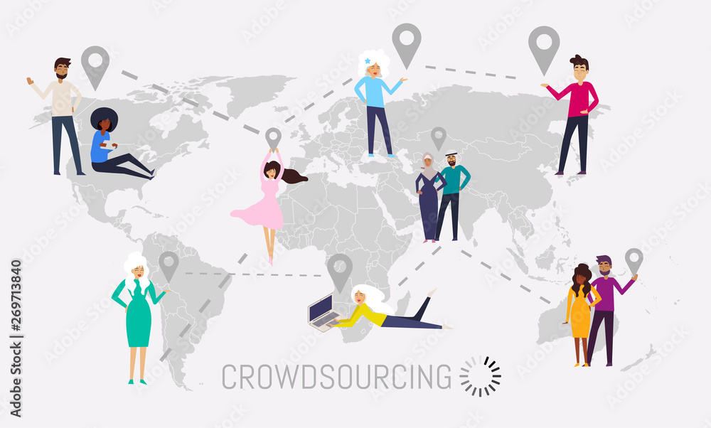 Design concept of crowdsourcing with world map, different characters ...