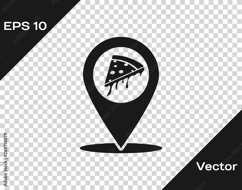 Grey Map pointer with fast food slice pizza icon isolated on ...